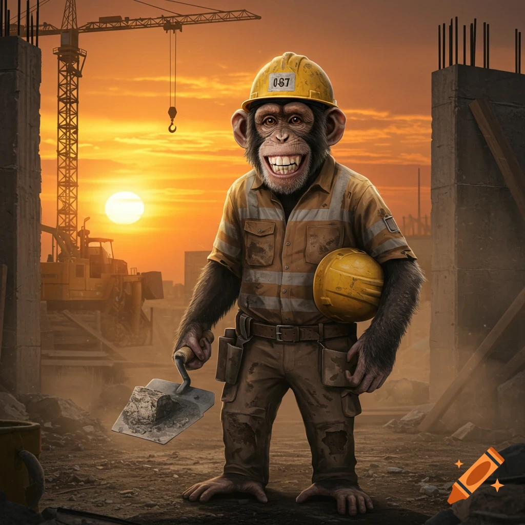A chimpanzee construction worker wearing a hard hat and holding a ...
