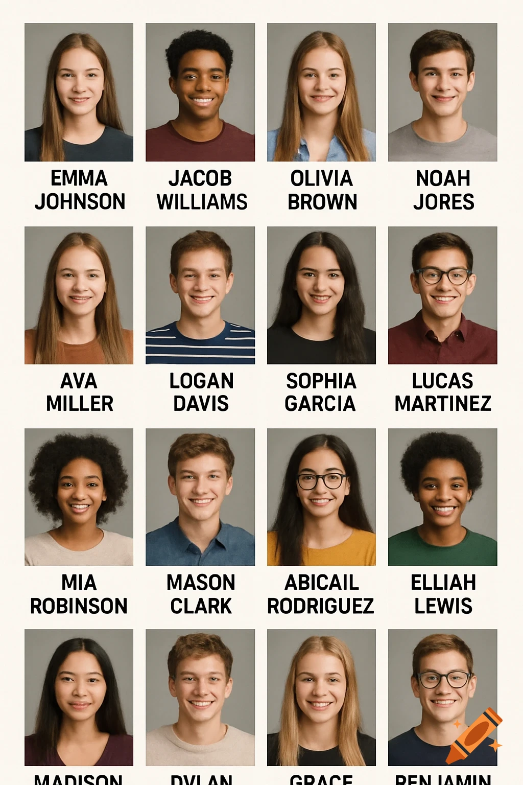 Grid of student portraits with names underneath on Craiyon