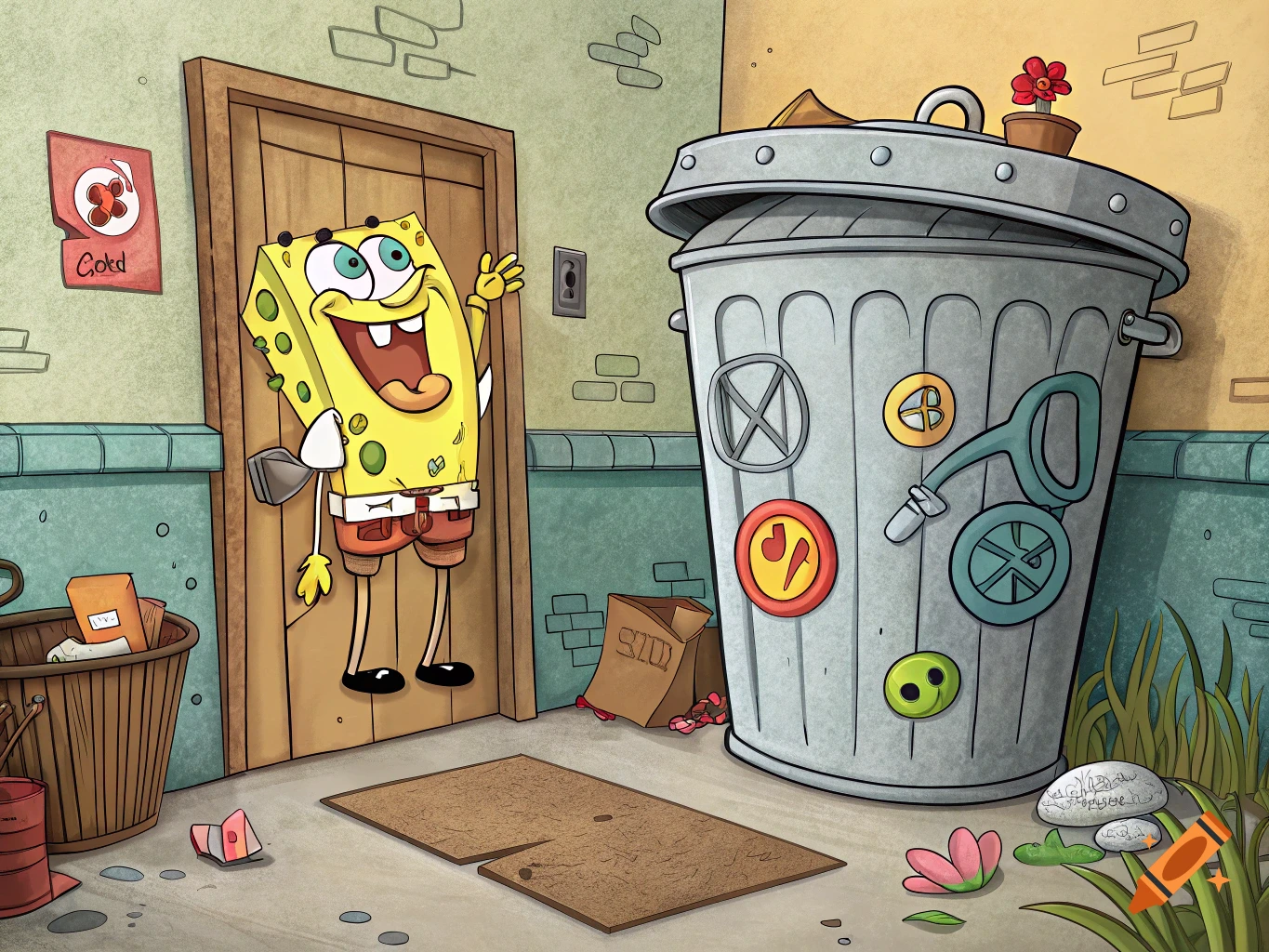 Spongebob Squarepants stands next to a large metal trash can in a ...