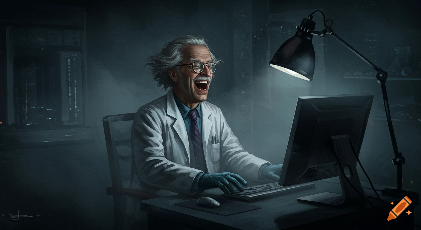Mad scientist laughing excitedly while working on a computer in a dark room, lit by the screen ...