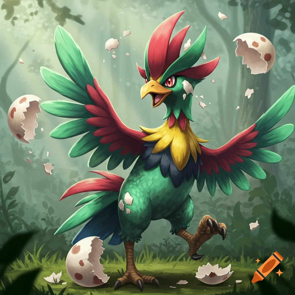 A green, red, and yellow cockatrice-like creature stands among broken ...