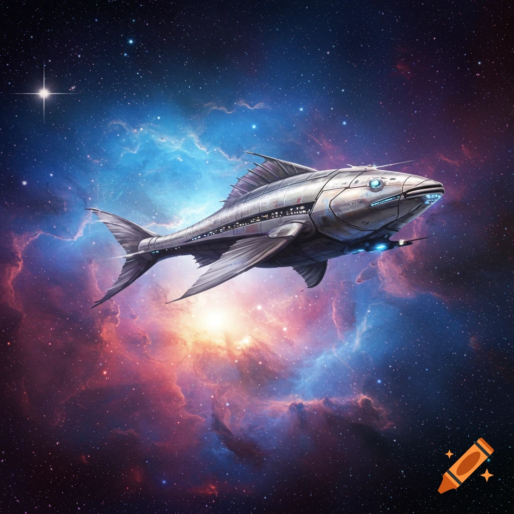 A spaceship shaped like a metallic fish swims through a colorful nebula ...