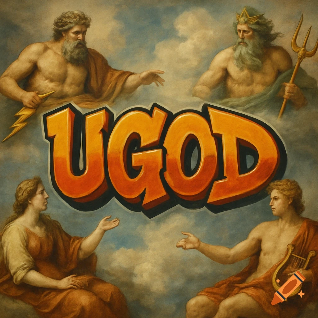 Four classical figures surrounding large orange text UGOD in a painted style. on Craiyon