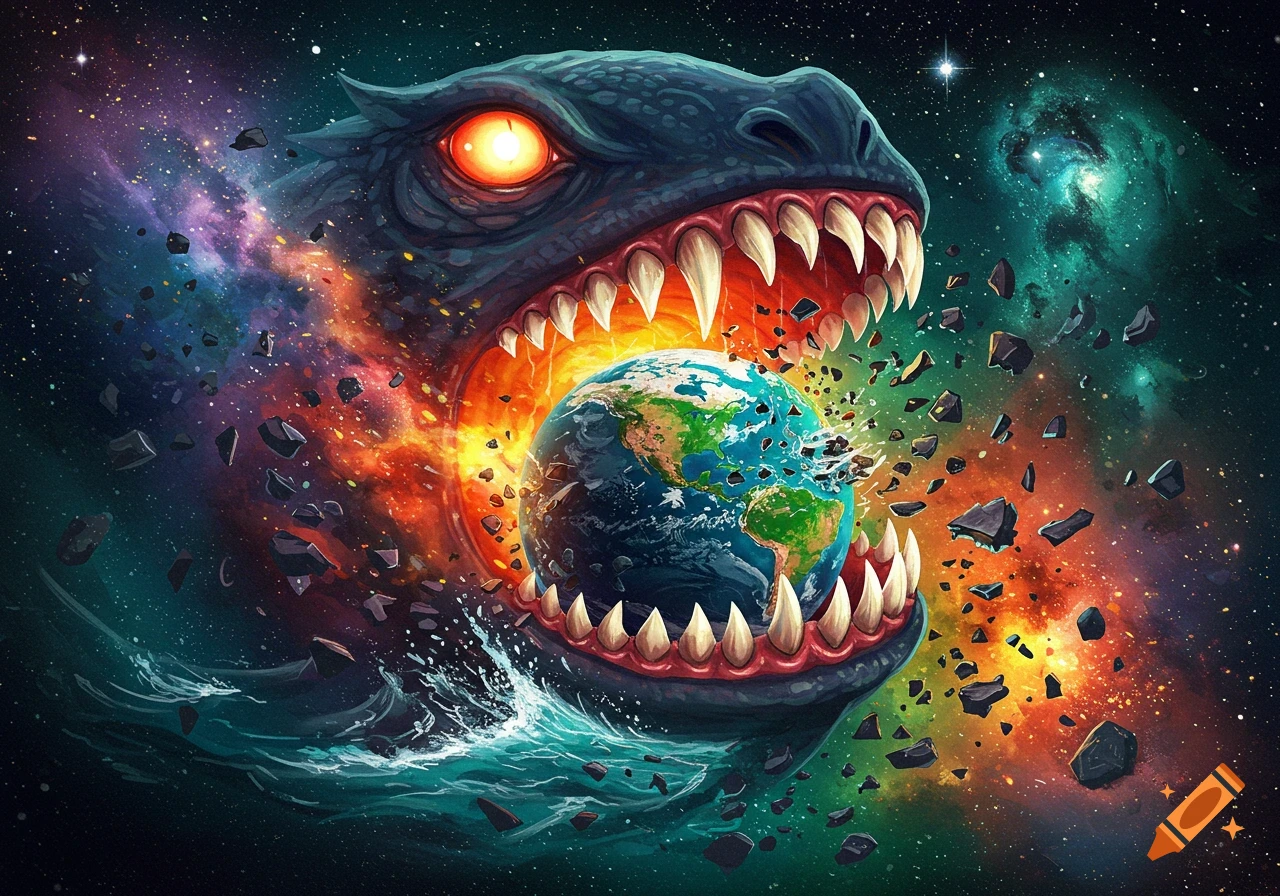 Stylized illustration of a large space monster with glowing eyes ...