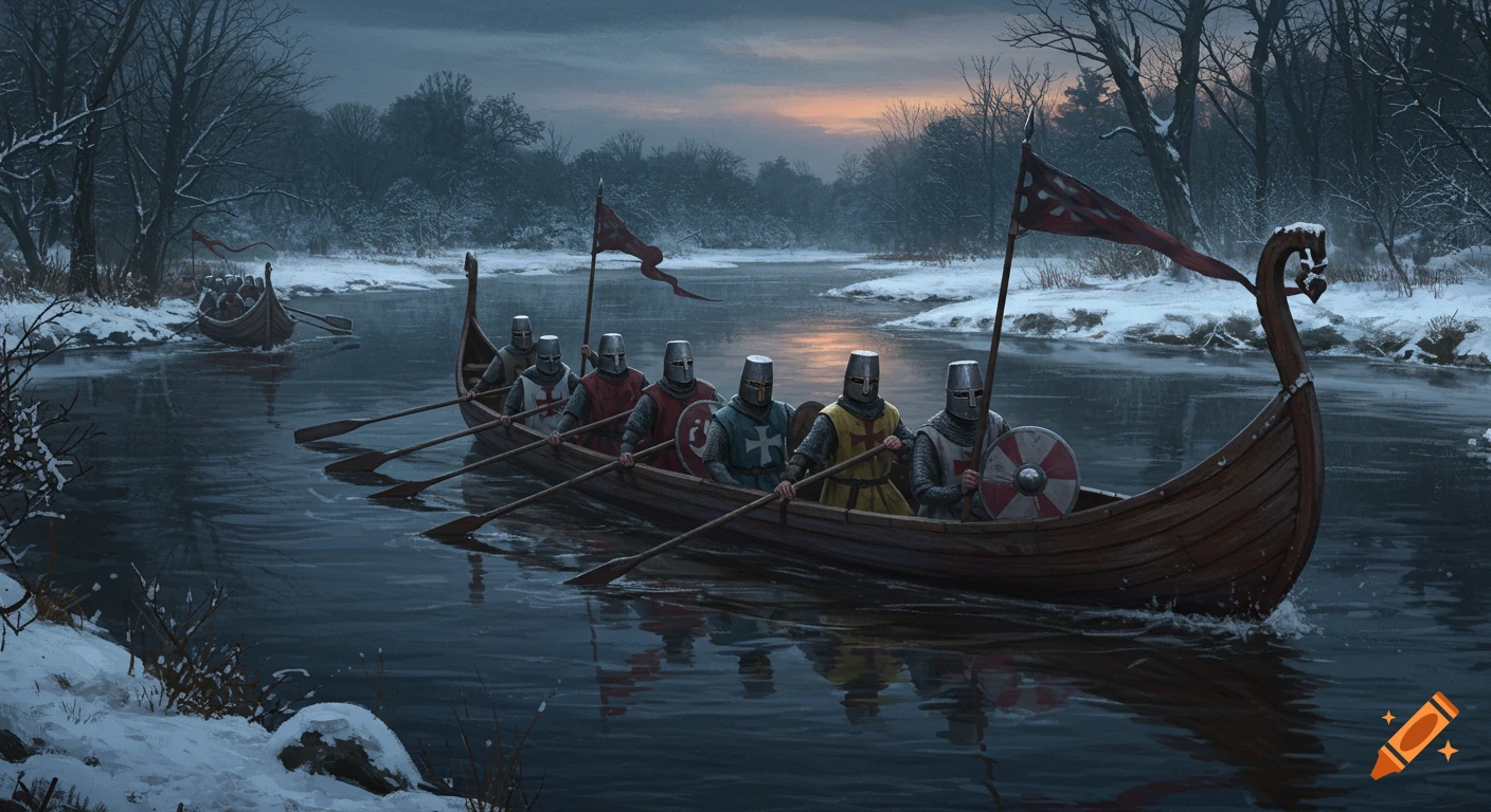 Knights row a boat across a snowy winter river at dusk. on Craiyon