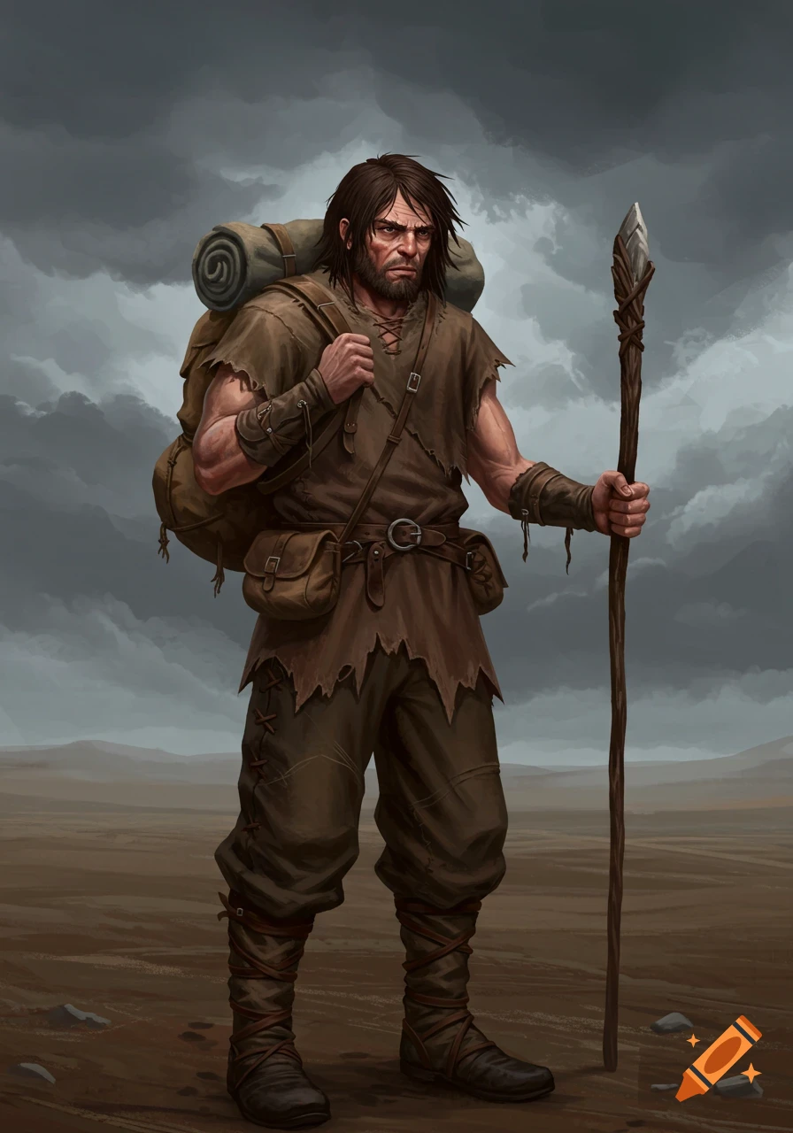 Digital painting of a male wanderer with a staff and backpack, standing ...