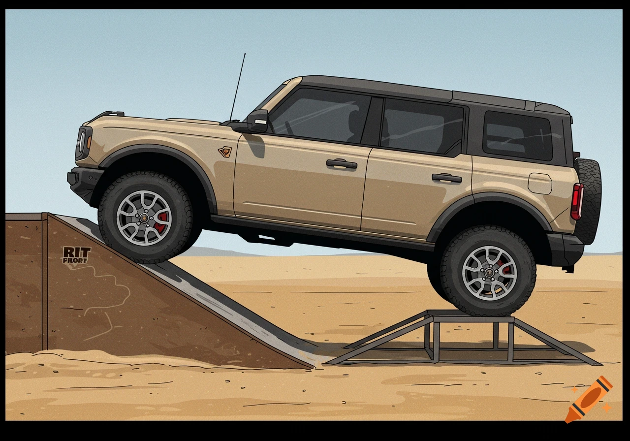 A tan Ford Bronco truck is on a ramp in the sand, in a drawing style ...