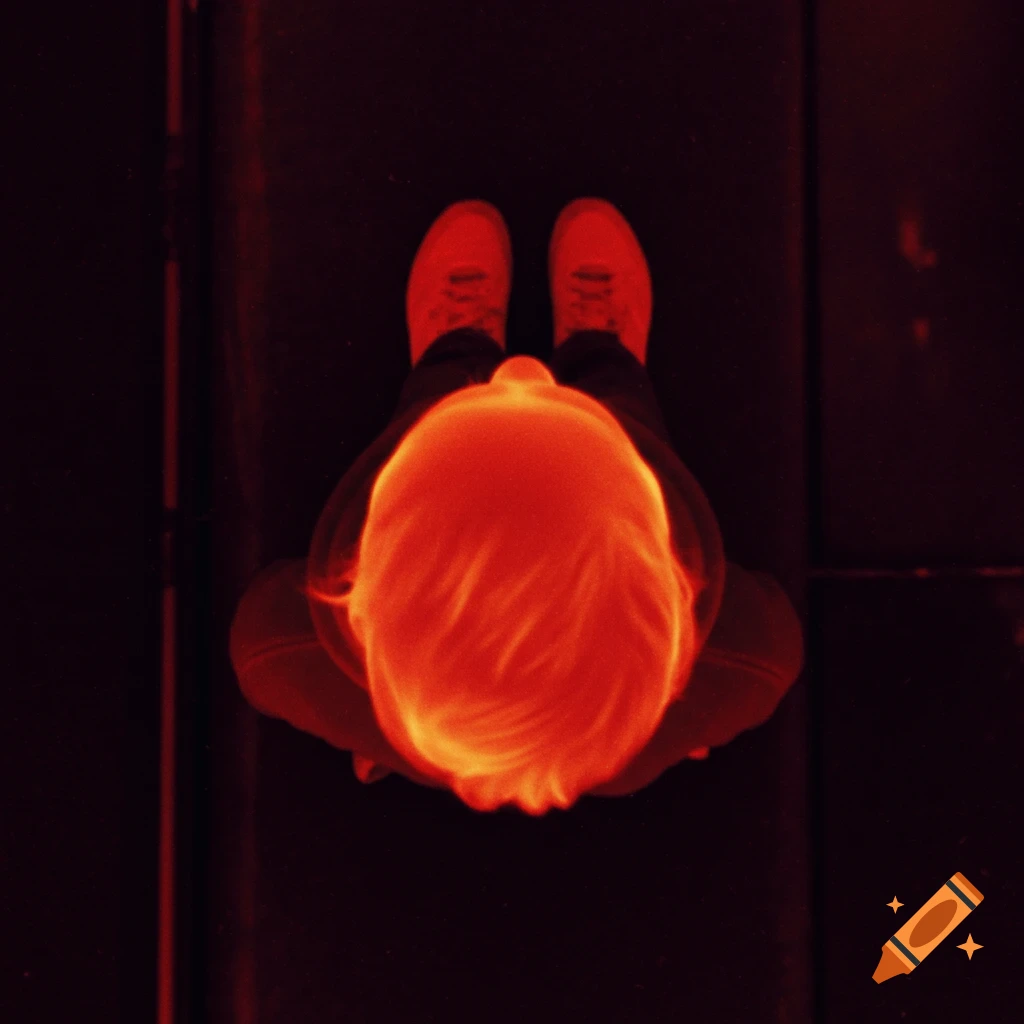 Top-down view of a person's head and feet in thermal imaging style. on ...