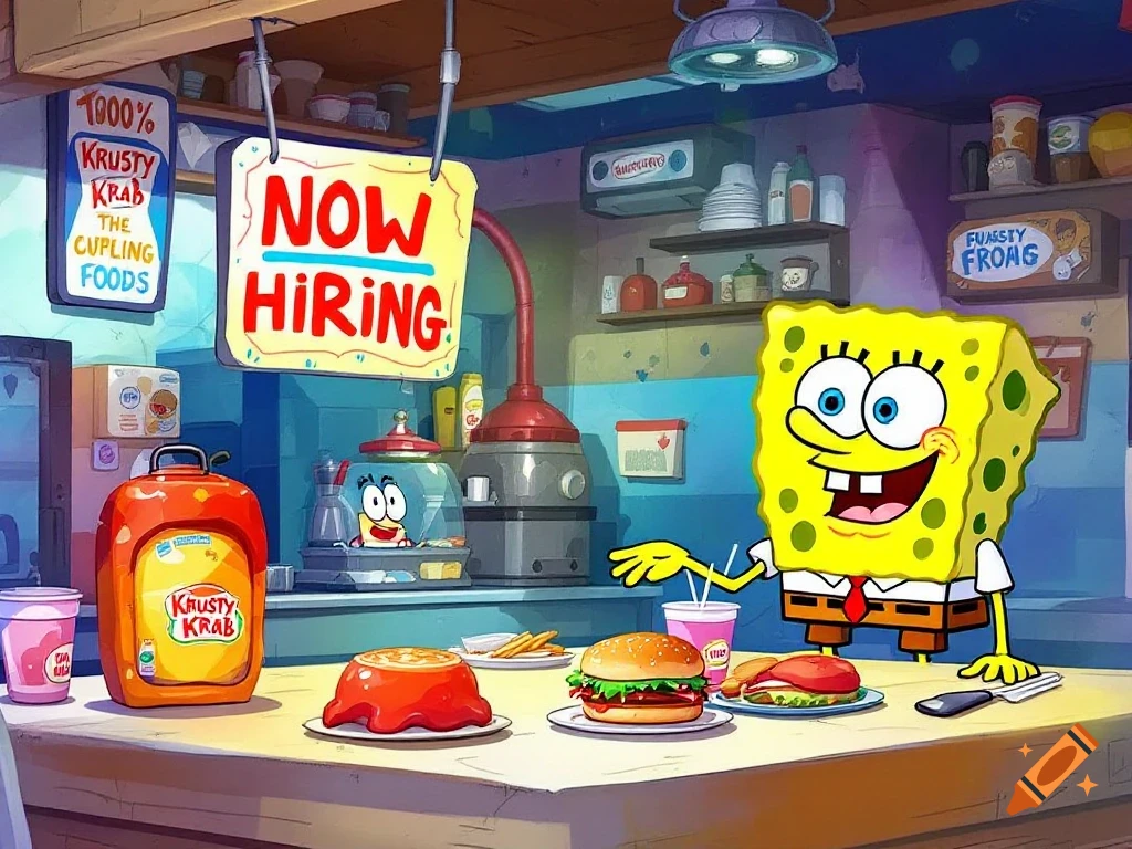 Spongebob Squarepants stands in a kitchen by a 'NOW HIRING' sign, next ...
