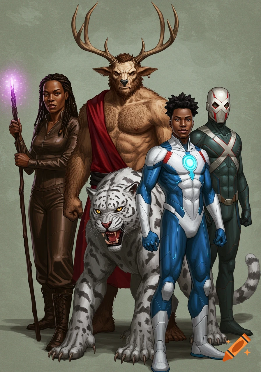 Group of fantasy characters including a witch, deer-man, superhero ...
