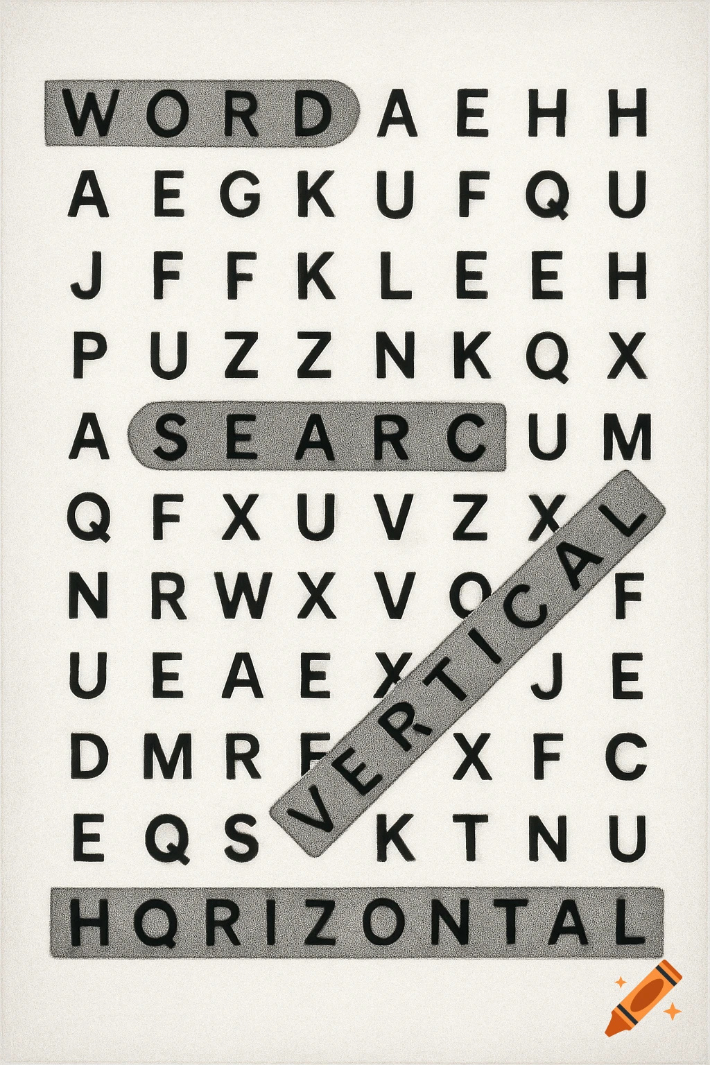 A black and white word search puzzle grid with words 'WORD', 'SEARCH ...