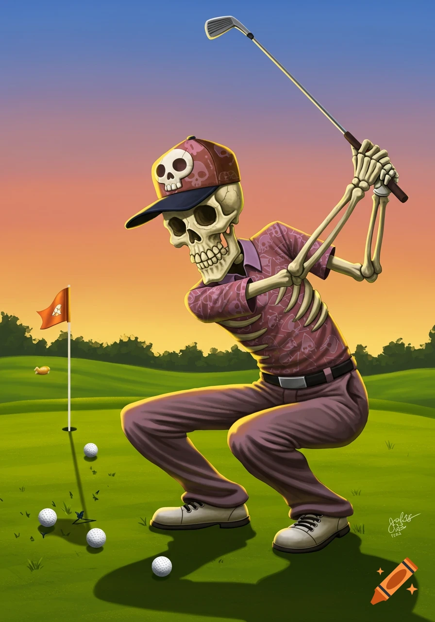A cartoon skeleton wearing a cap and shirt plays golf on a green during ...