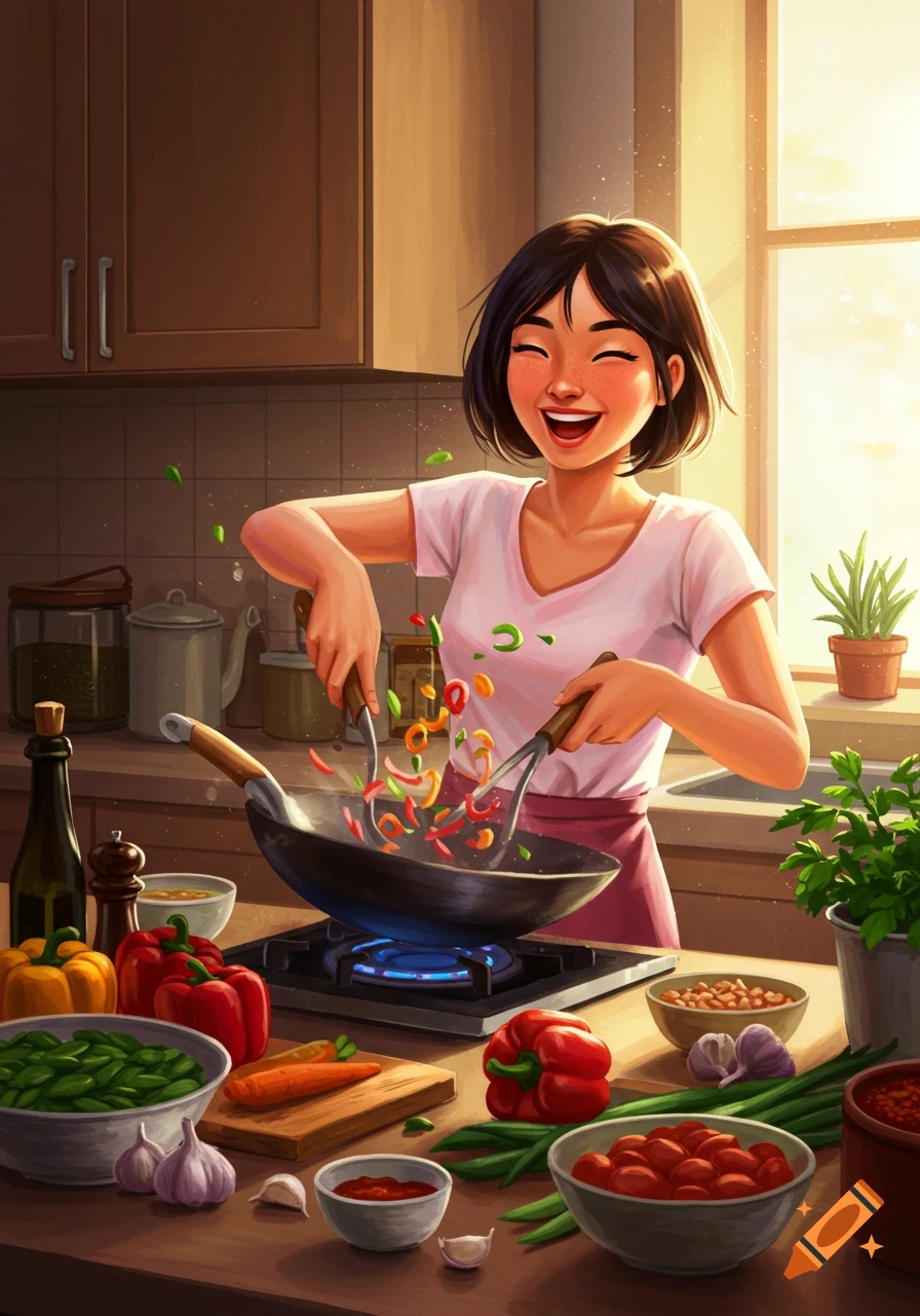 Illustration of a woman happily cooking vegetables in a wok in a sunny ...