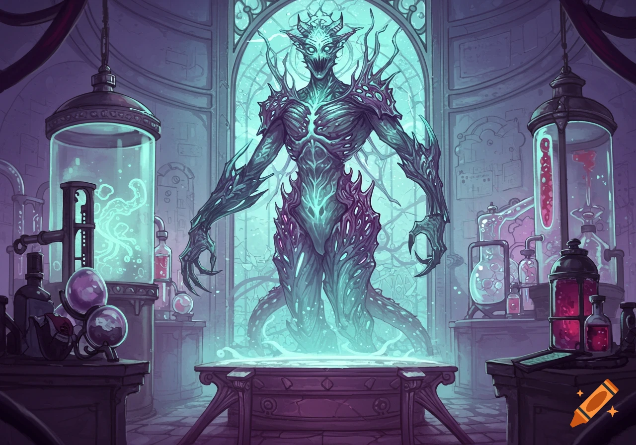 An eldritch creature stands in a futuristic laboratory filled with ...