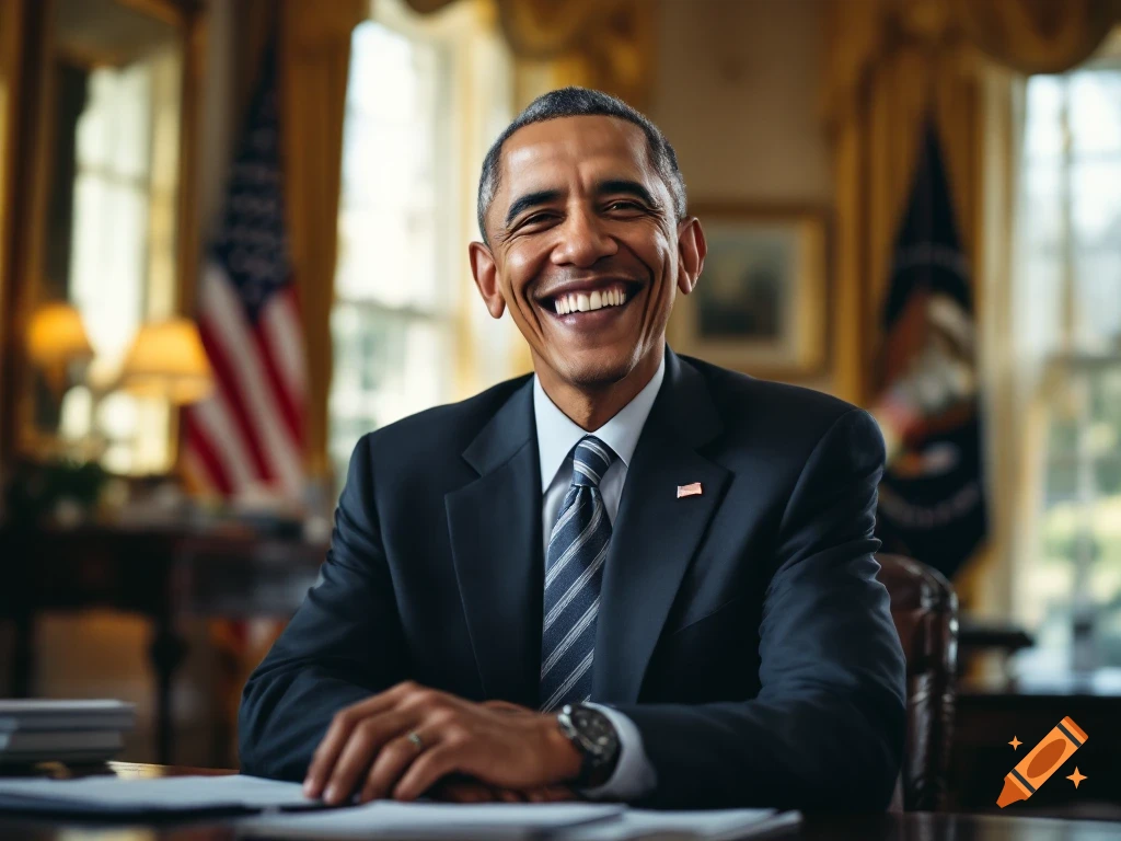 A photorealistic portrait of Barack Obama smiling and sitting at a desk ...