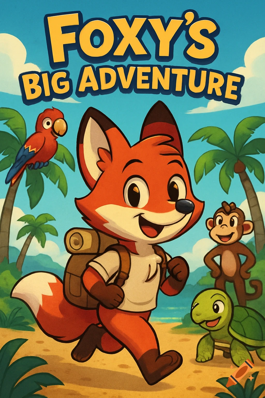 Cartoon book cover: Foxy the fox on an island adventure with a parrot ...