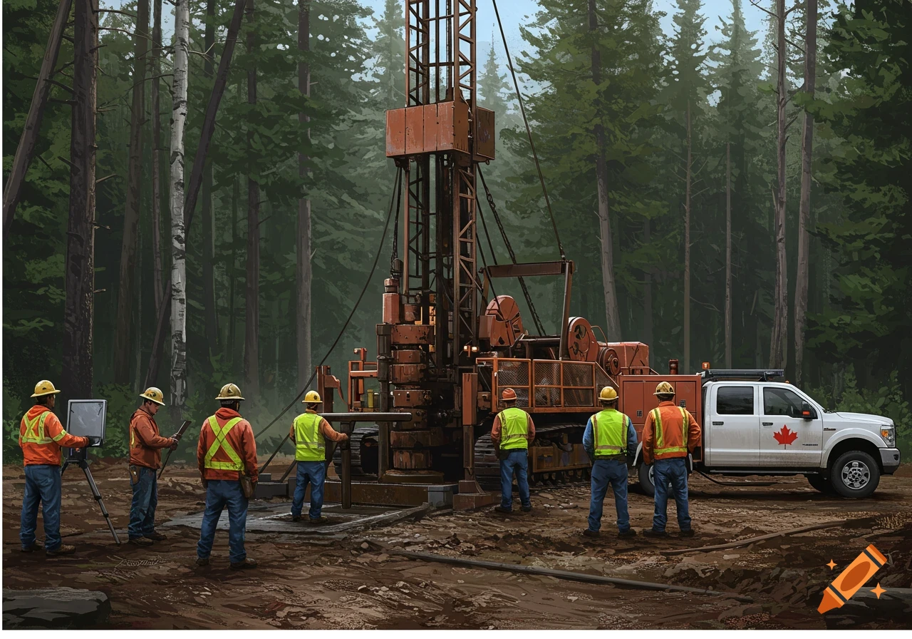 Illustration of an oil drilling rig in a forest with workers and a ...