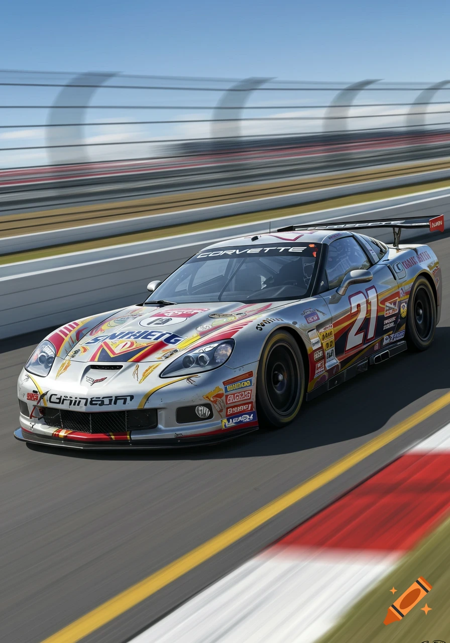 A silver C6 Corvette race car drives on a racetrack. on Craiyon
