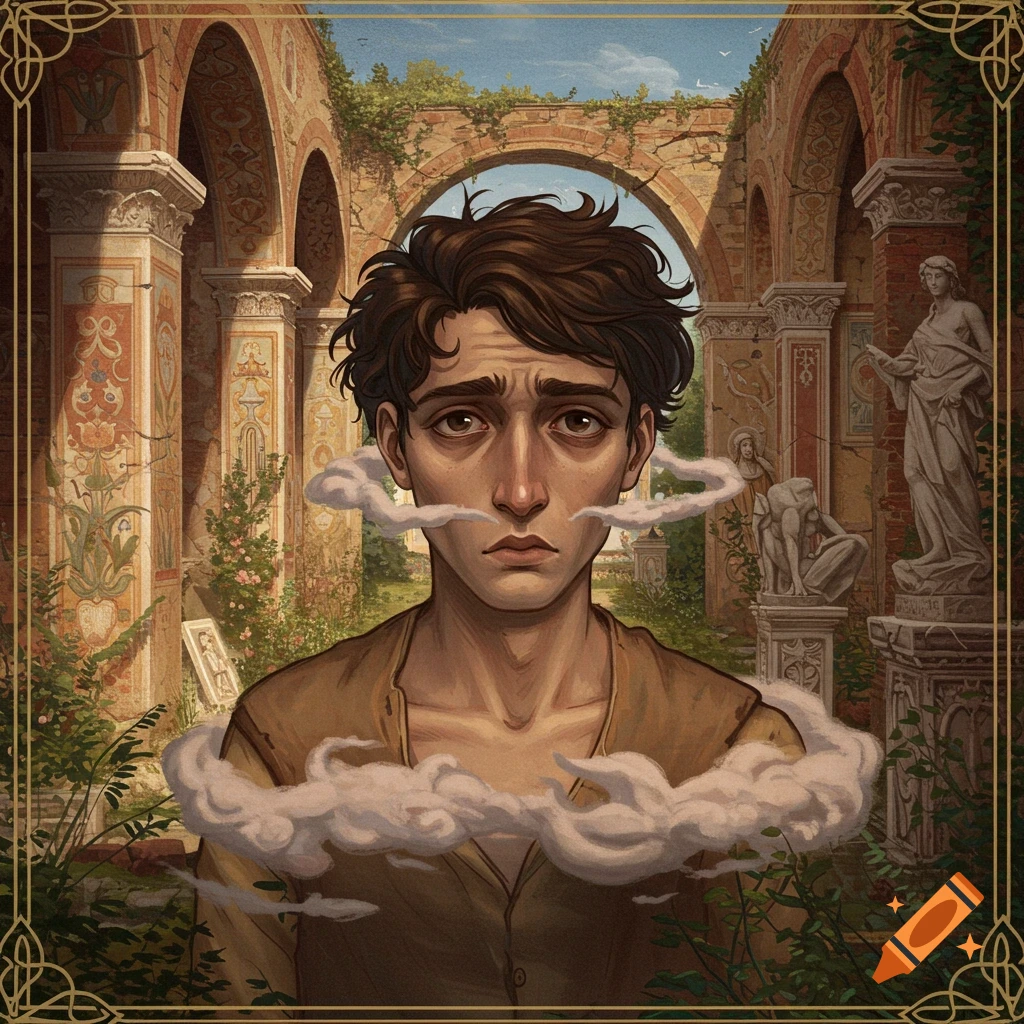 Stylized portrait of a distressed man surrounded by smoke in front of ...