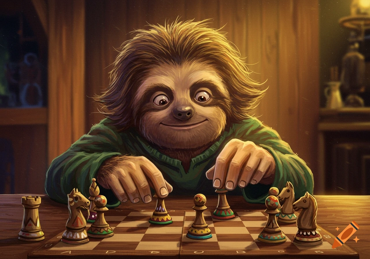 A friendly sloth plays a game of chess on a wooden table in a dim room ...