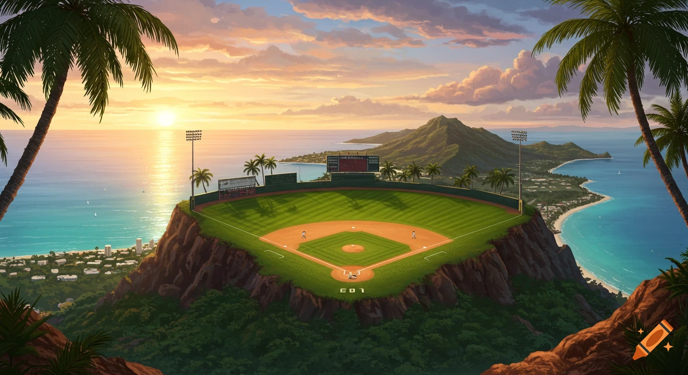 A baseball field sits on a tropical mountain cliff overlooking the ...