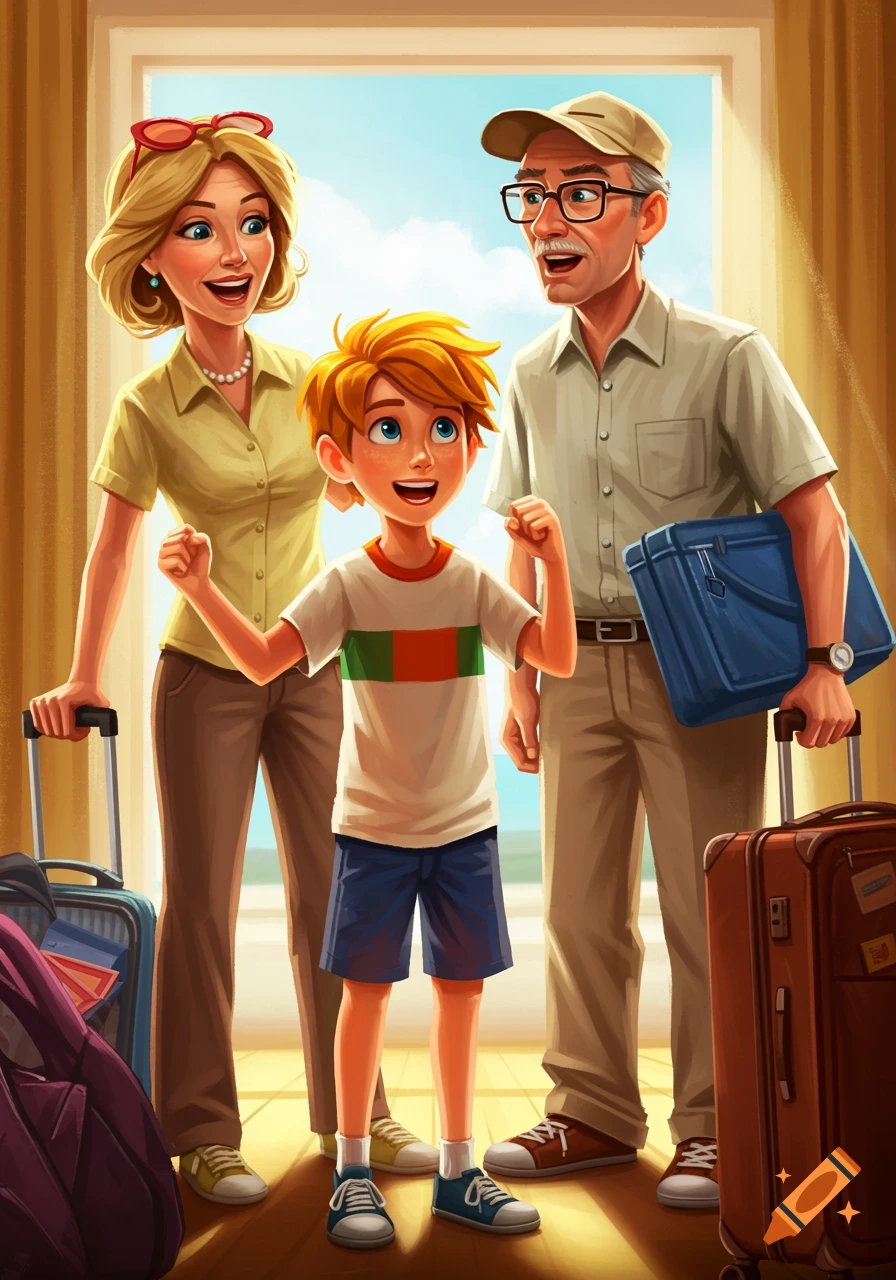 Cartoon illustration of a happy family with luggage, ready for vacation ...