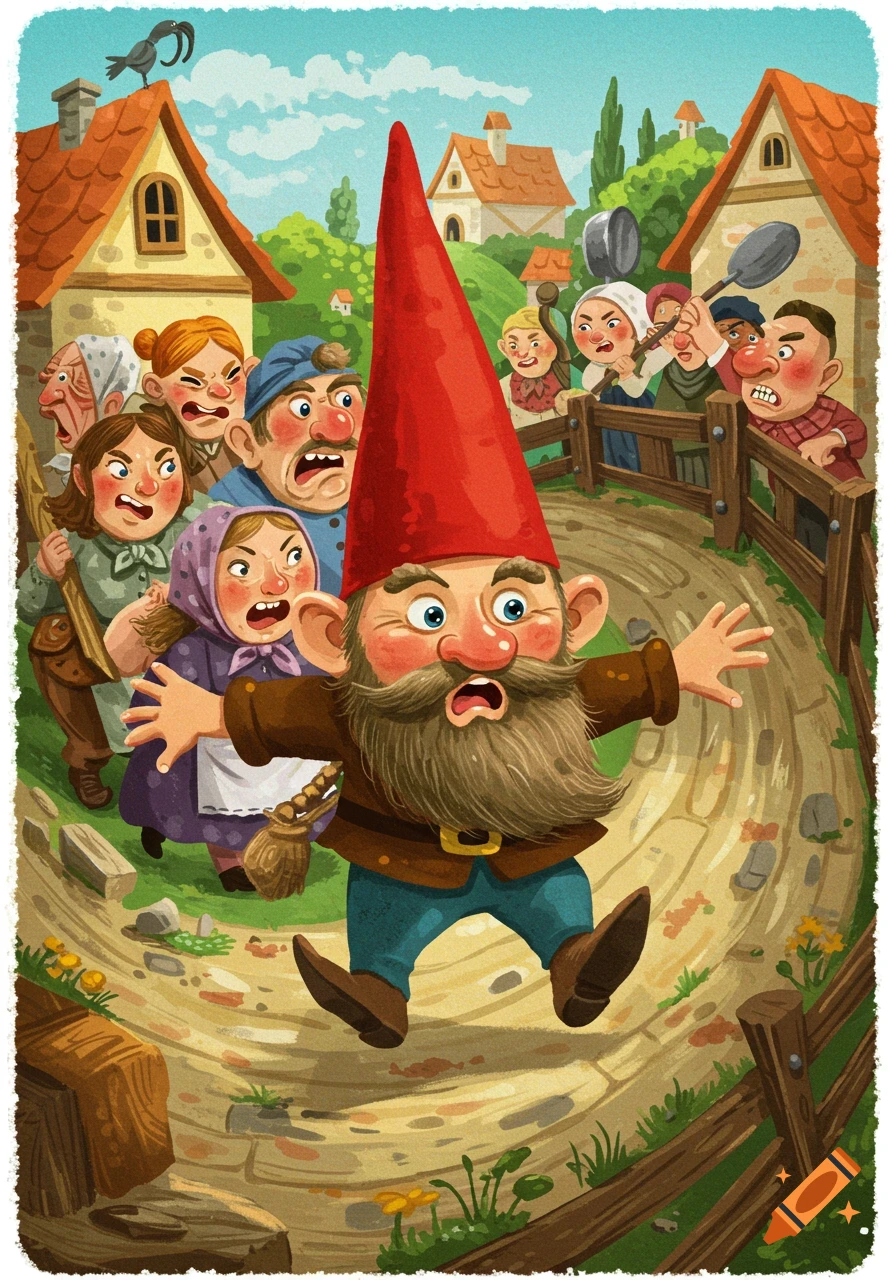 Cartoon illustration of a scared gnome running from an angry mob in a ...