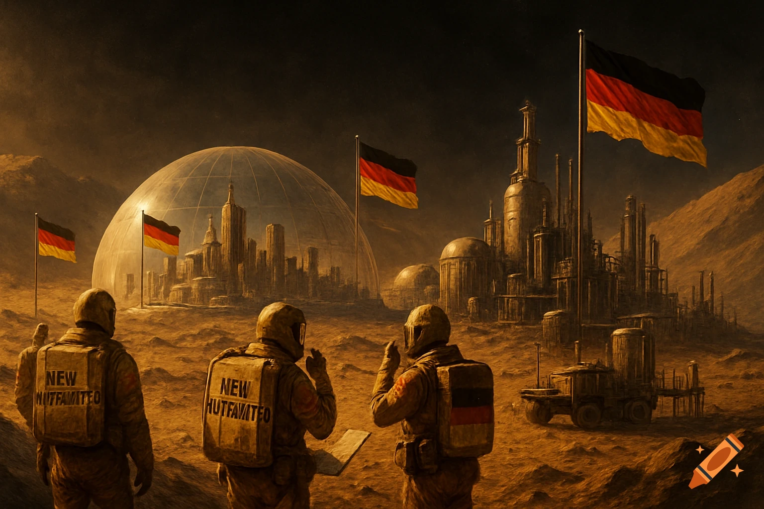 Three soldiers look at a futuristic city and industrial complex under ...