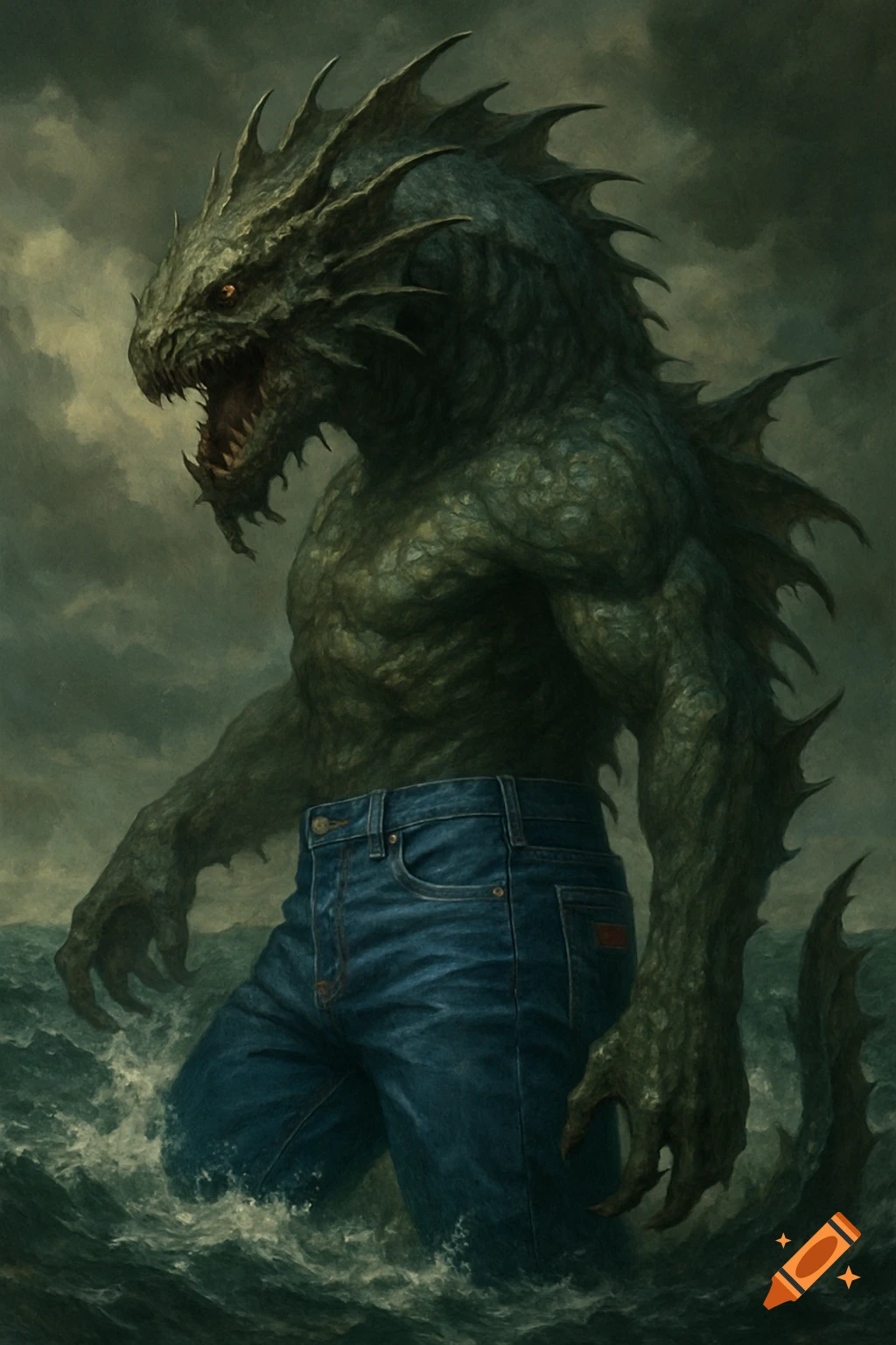 A large, scaly green creature wearing blue jeans stands in the ocean ...
