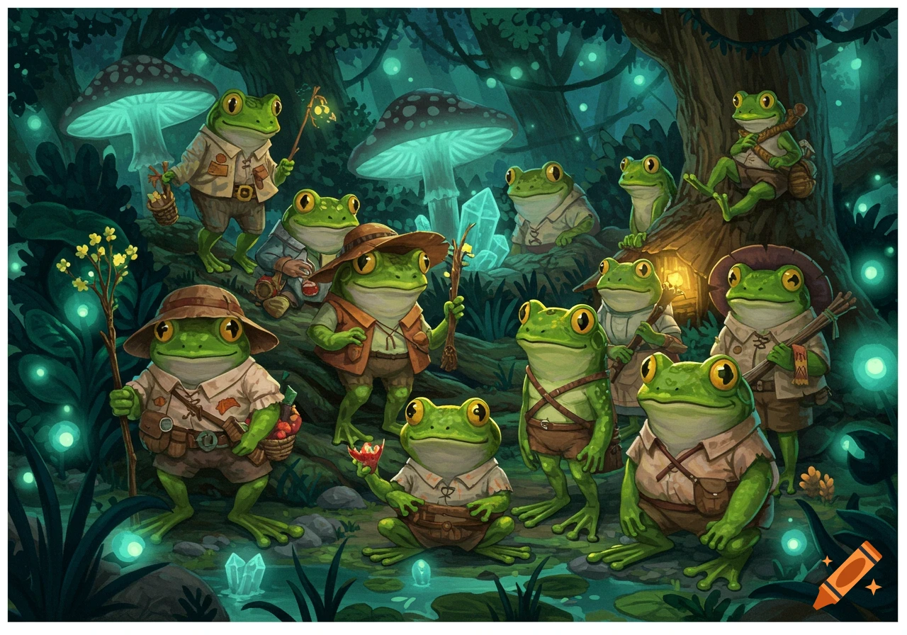 A group of anthropomorphic frogs in explorer clothes stand in a glowing ...