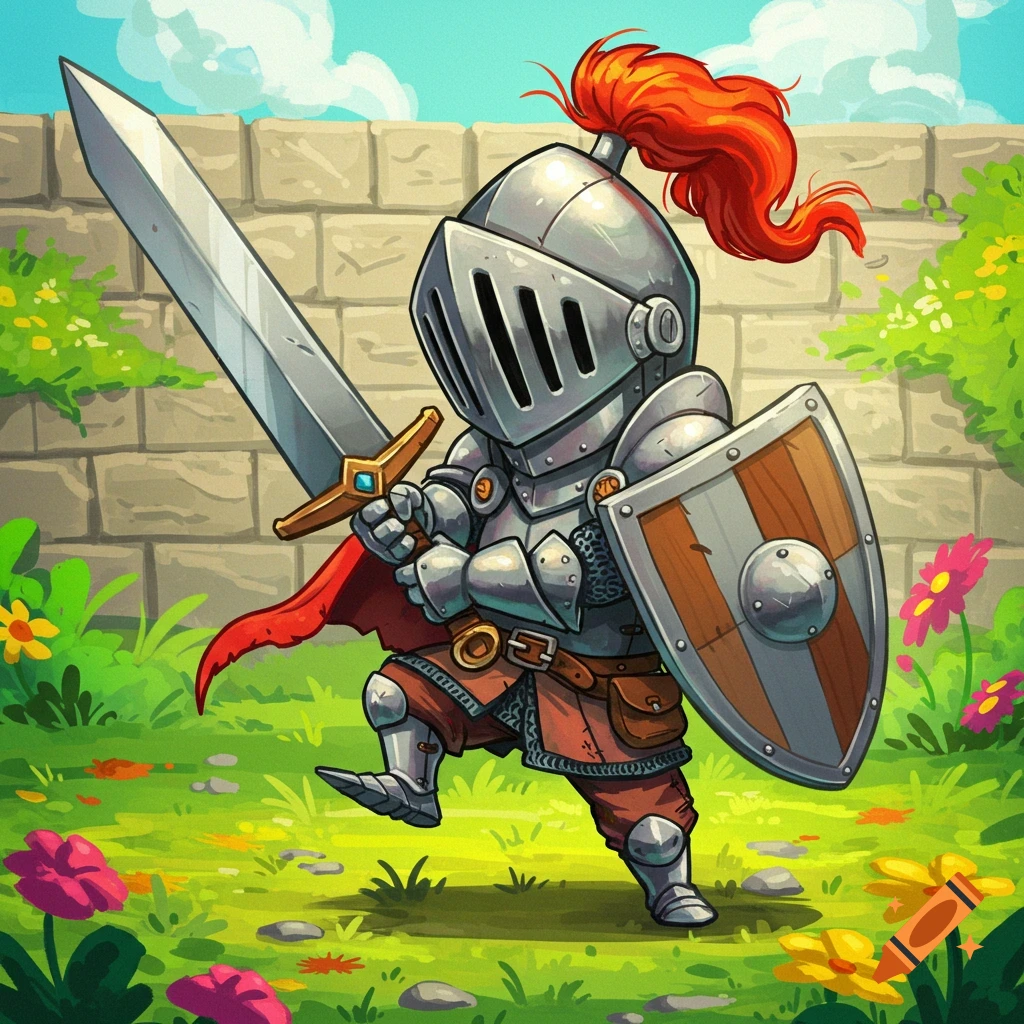 Illustration of a small knight with a sword and shield in a garden on ...