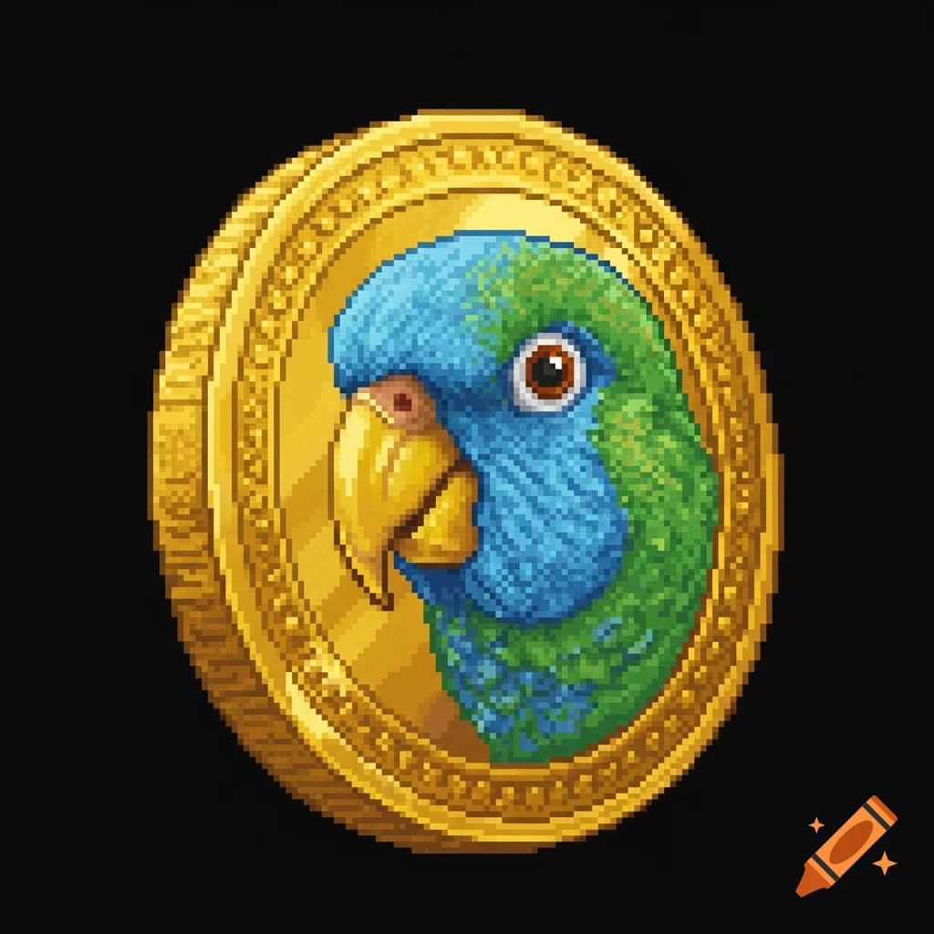 Pixel art illustration of a gold coin with a parrot's head. on Craiyon