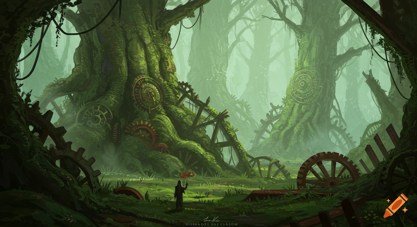 Fantasy forest landscape with massive trees covered in moss, overgrown ...