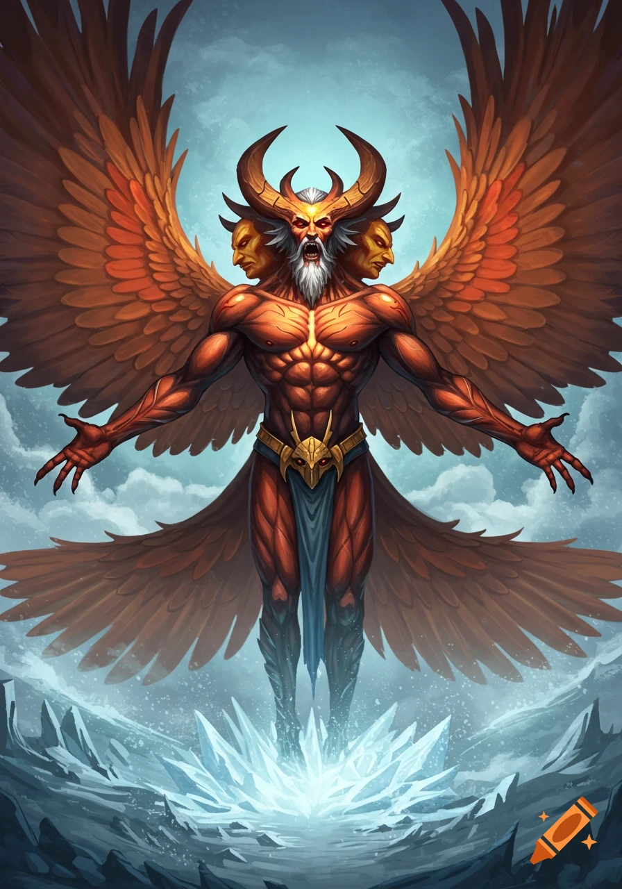 A multi-faced, horned demon with large bat wings stands in a frozen ...