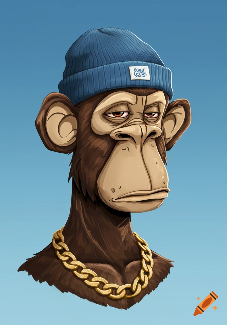 Illustration of a cartoon ape wearing a blue beanie and gold chain. on ...