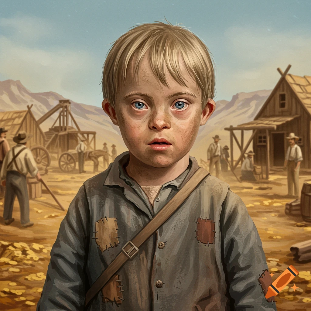 Portrait of a young boy with patched clothes in a gold rush mining camp ...