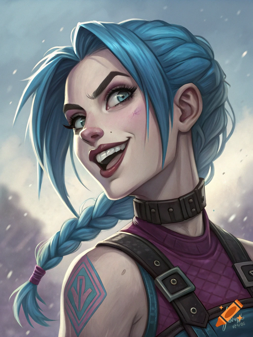 Stylized portrait of Jinx with blue braided hair and a wide grin on Craiyon