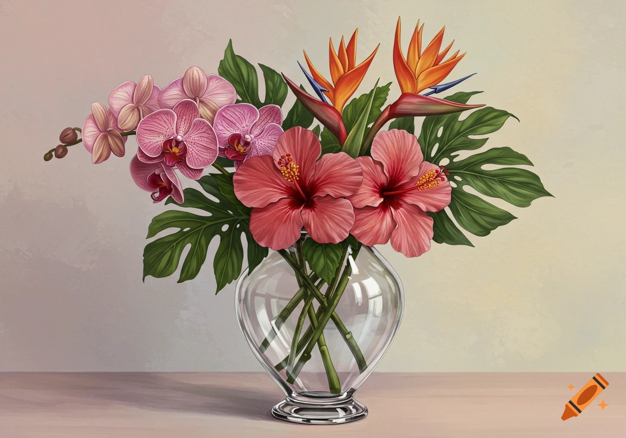 Still life of orchids, hibiscus, and bird of paradise flowers in a ...