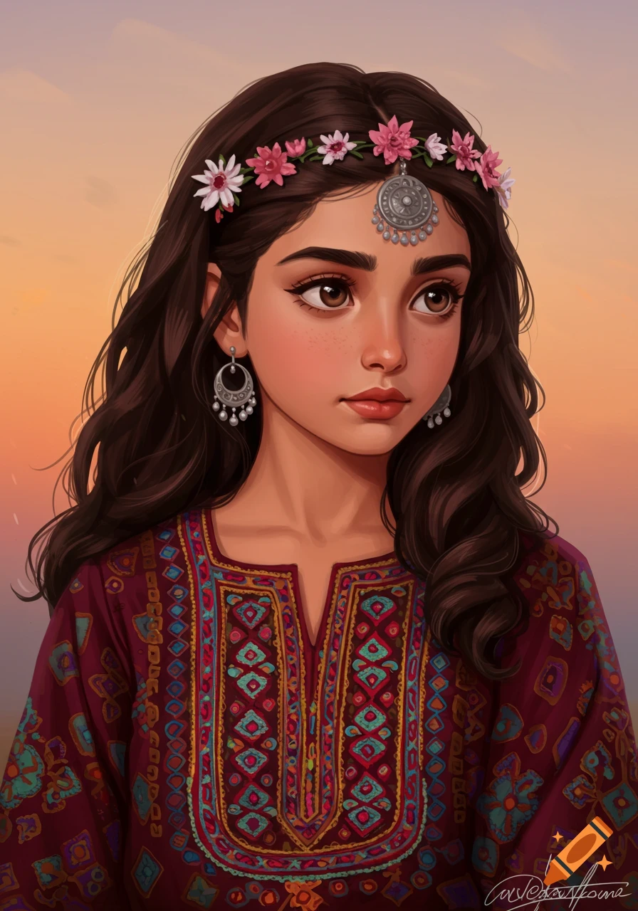Digital painting of a West Asian girl in traditional embroidered ...