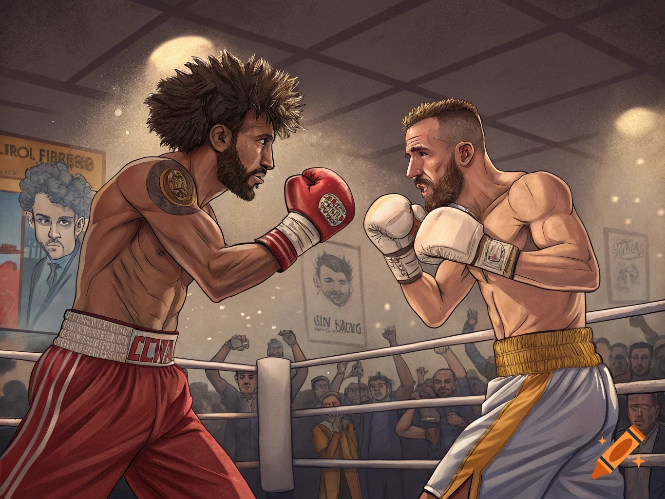 Two boxers face off in a ring before a crowd, in an illustrated style ...