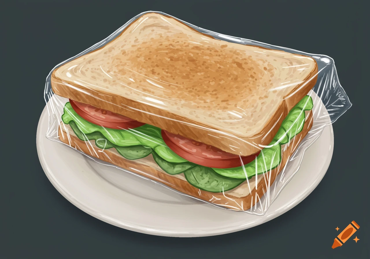 Illustration of a sandwich wrapped in cling film on a white plate on ...