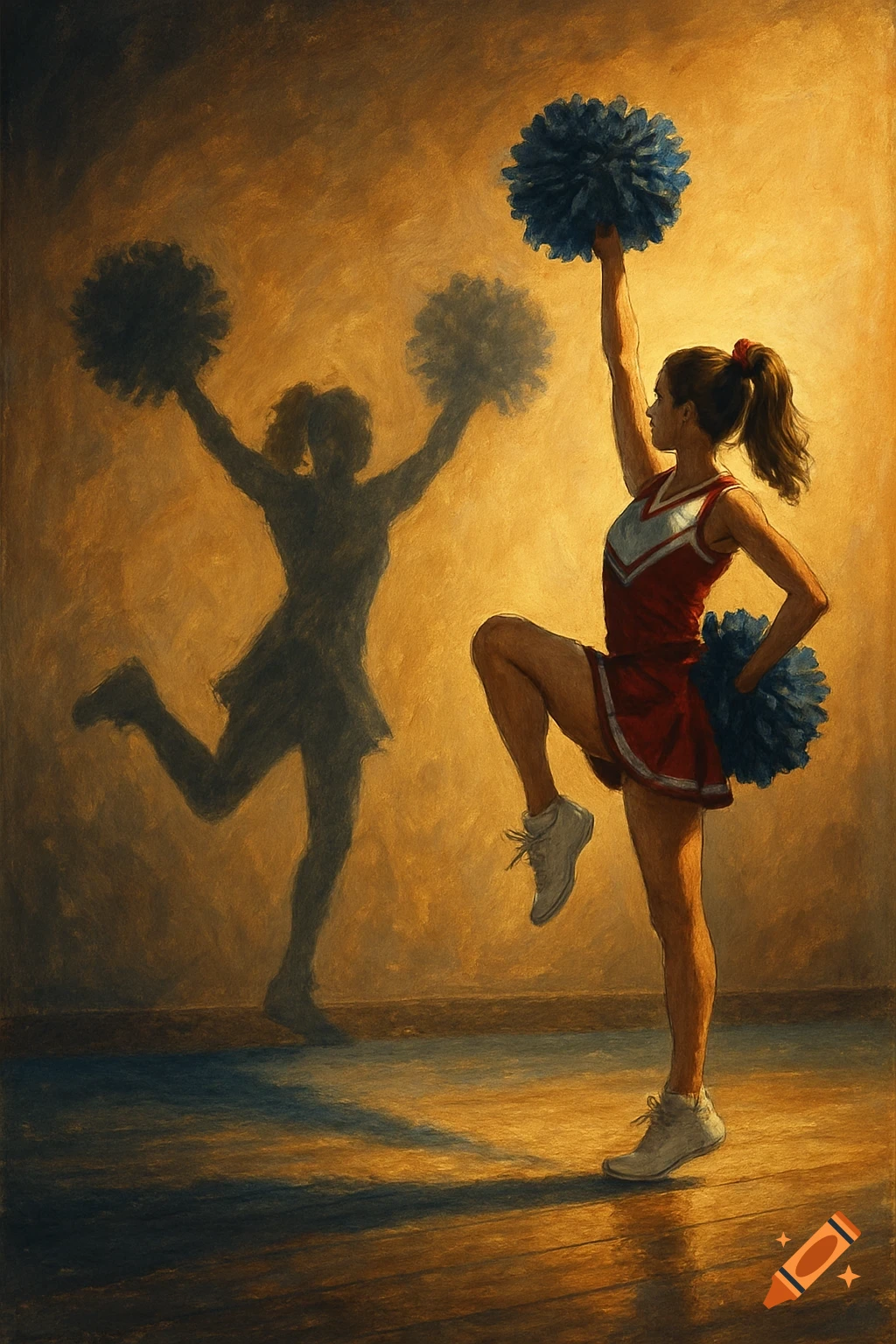 Painted image of a cheerleader with pom-poms casting a shadow of a ...