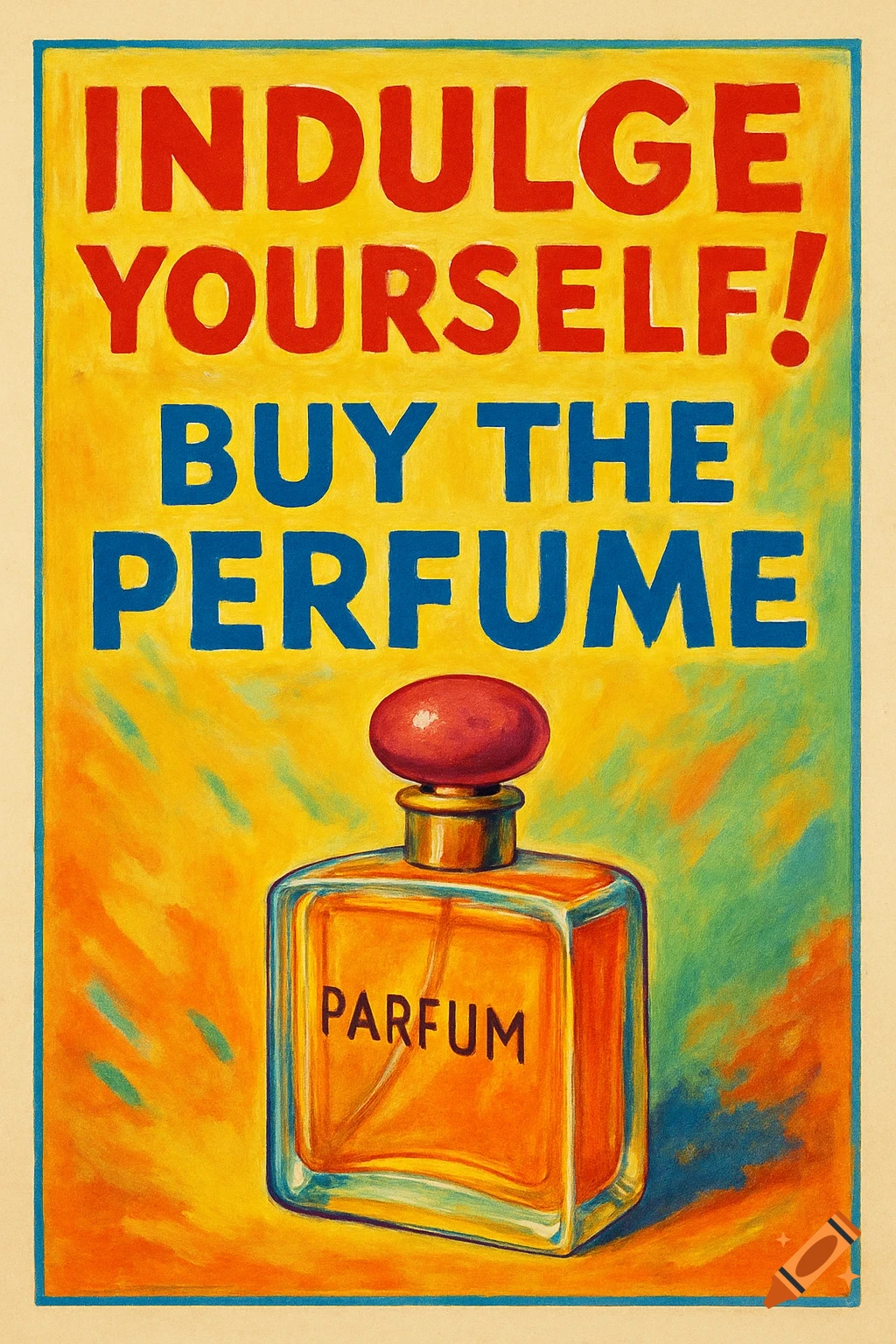 Colorful illustration of a perfume bottle with text reading 'Indulge ...