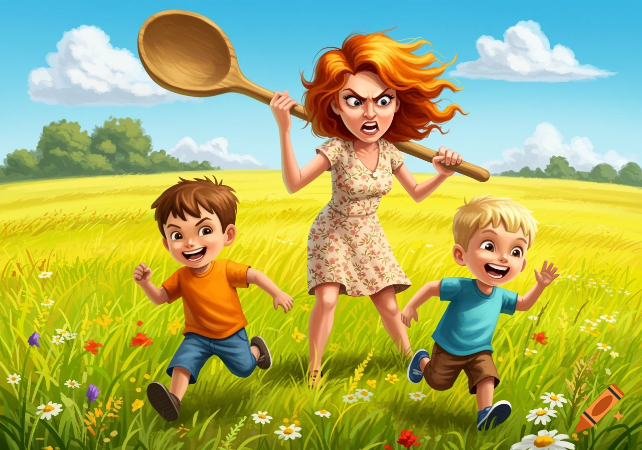 Cartoon illustration of an angry mother chasing two boys through a ...