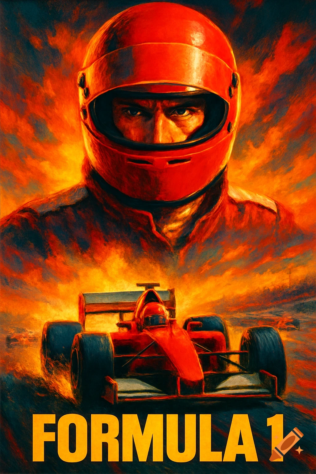 Stylized movie poster of a race car driver and a Formula 1 car with ...