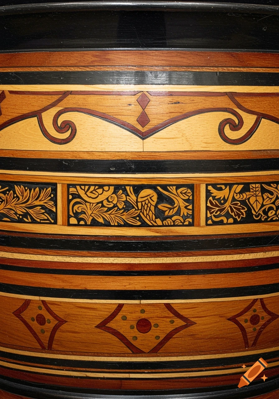 Close-up of intricate wood marquetry with geometric and floral patterns ...