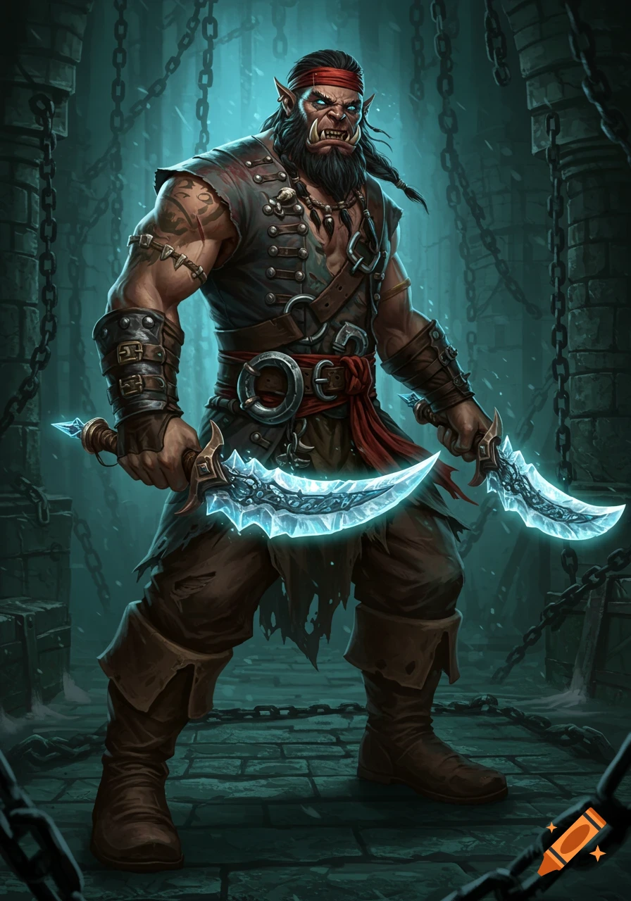 Detailed fantasy illustration of a half-orc pirate holding two glowing ...