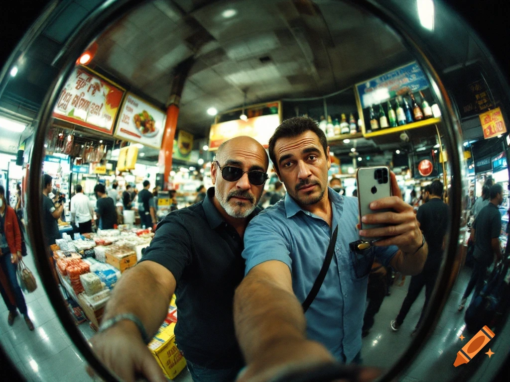Two men take a mirror selfie with a fisheye lens in a crowded market ...