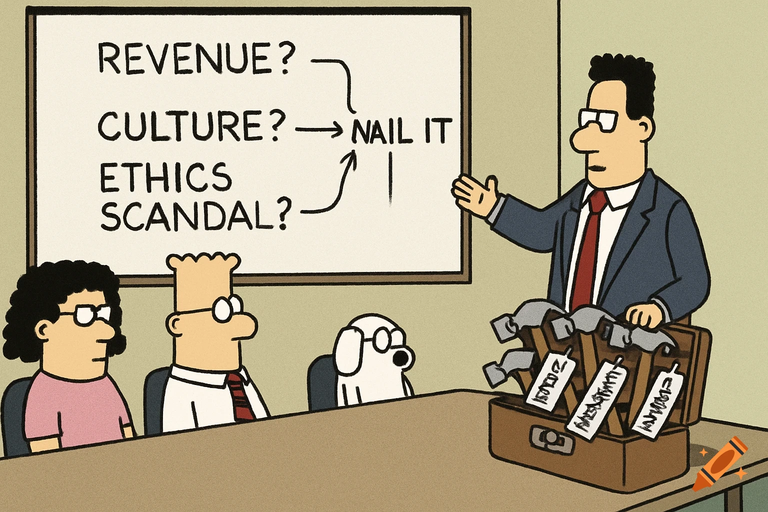 Cartoon of a business meeting in Dilbert style. A speaker points to a ...