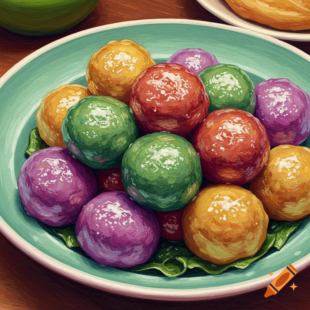 Close-up of a plate filled with colorful, round food items on lettuce ...